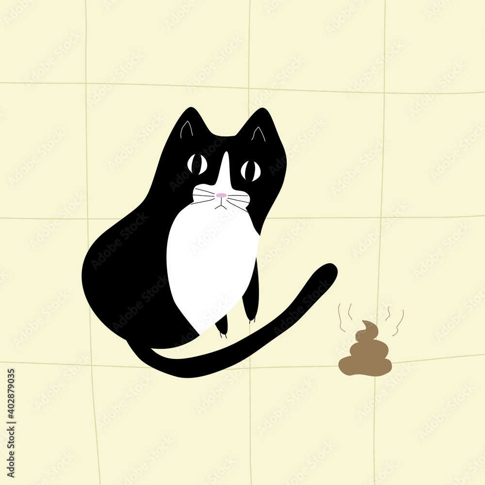 Surprised black and white cat with brown turd. Cartoon cat on a yellow ...