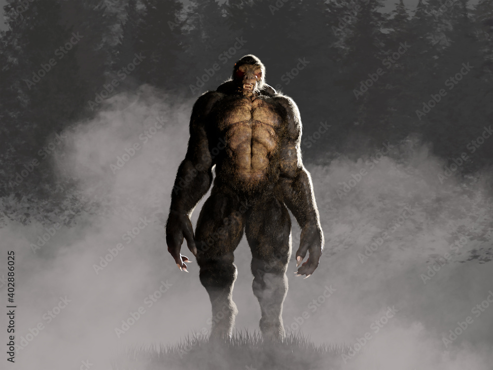 illustration of a Bigfoot Gugwe standing in fog against forest ...