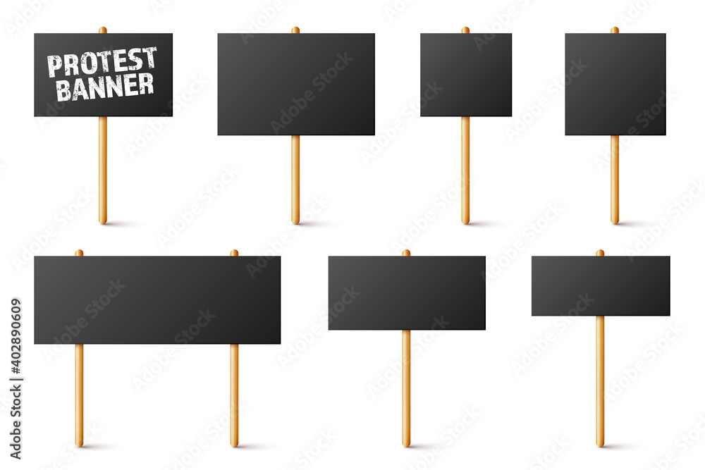 Blank black protest signs with wooden holder. Realistic vector ...