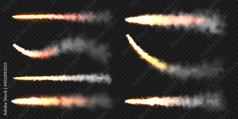 Realistic space rocket launch trails. Fire burst, explosion. Missile or ...