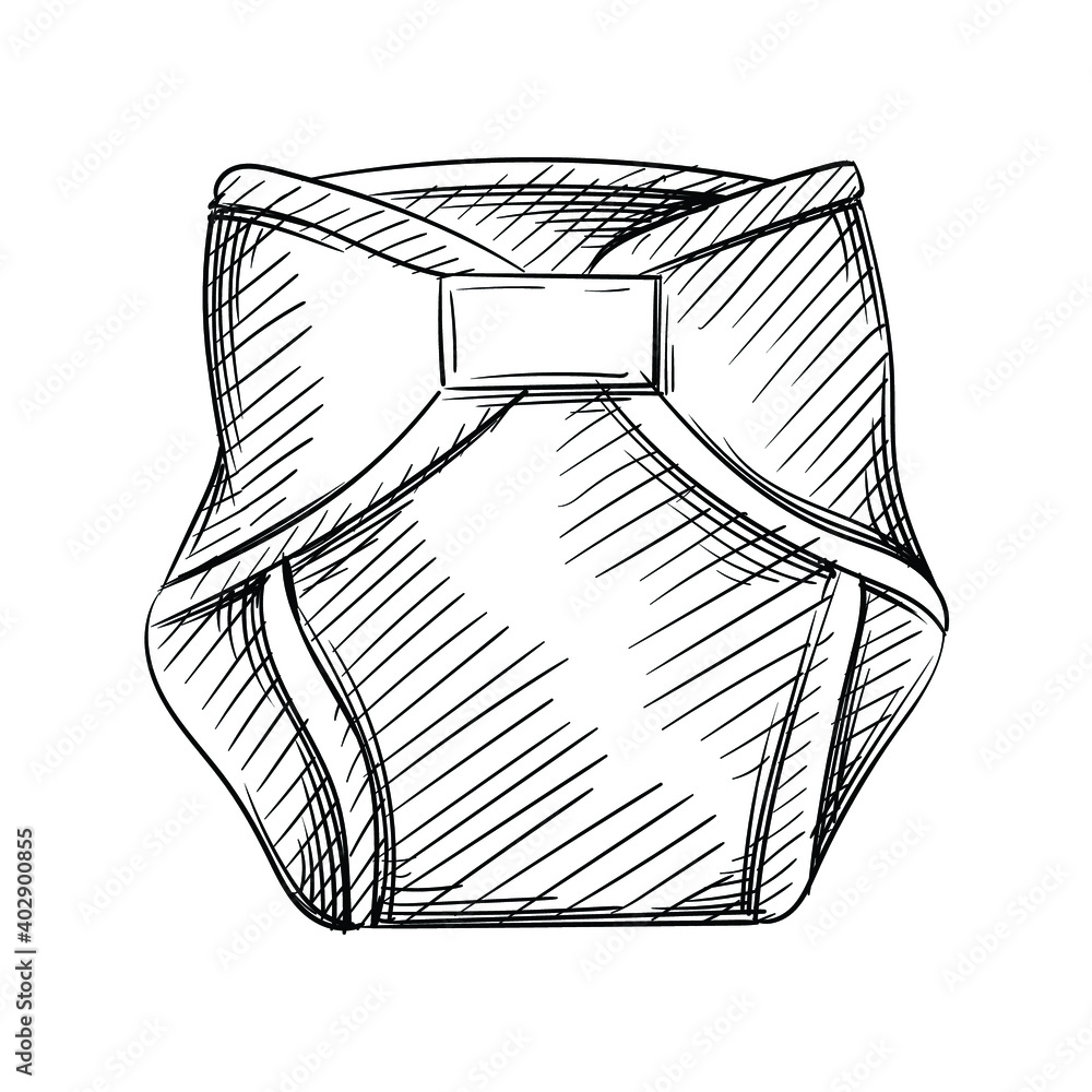 Hand drawn sketch of diapers on a white background. Black and white ...