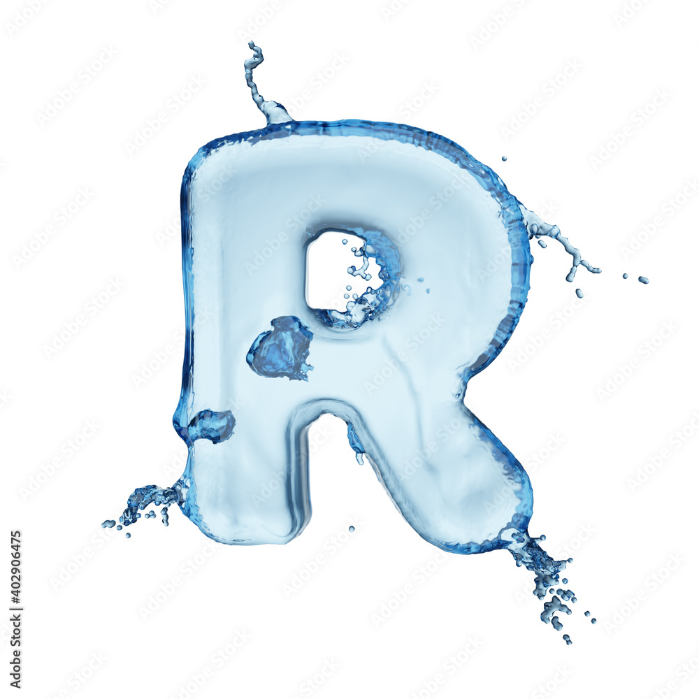 Letter R water splash alphabet isolated on white. 3D rendering ...
