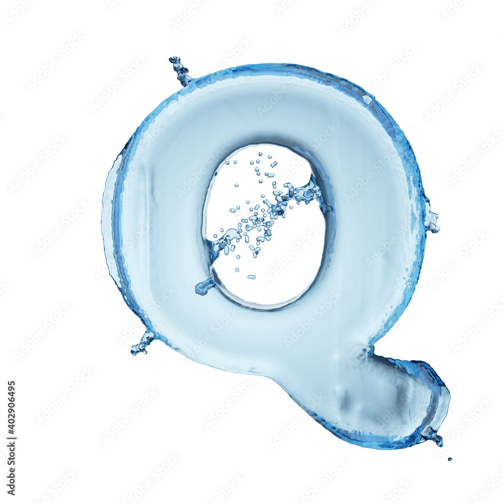 Letter Q water splash alphabet isolated on white. 3D rendering ...