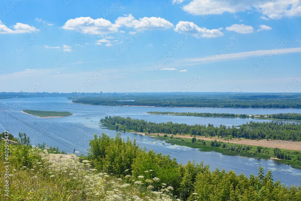 Panoramic View of Volga River near Samara, Russia from helipad. Volga ...