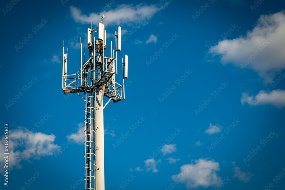 Telecommunication tower with 4G, 5G transmitters. Cellular base station with transmitter ...