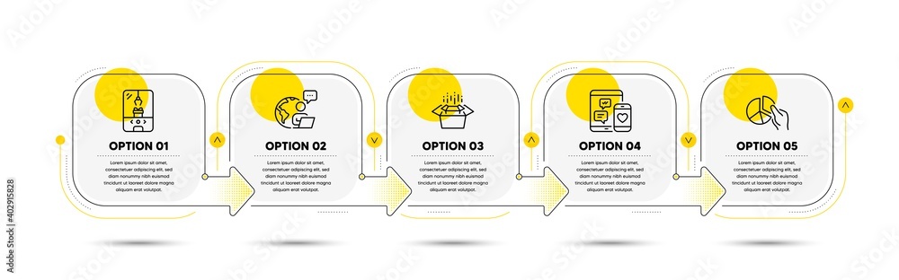 Packing boxes, Pie chart and Social media line icons set. Timeline ...