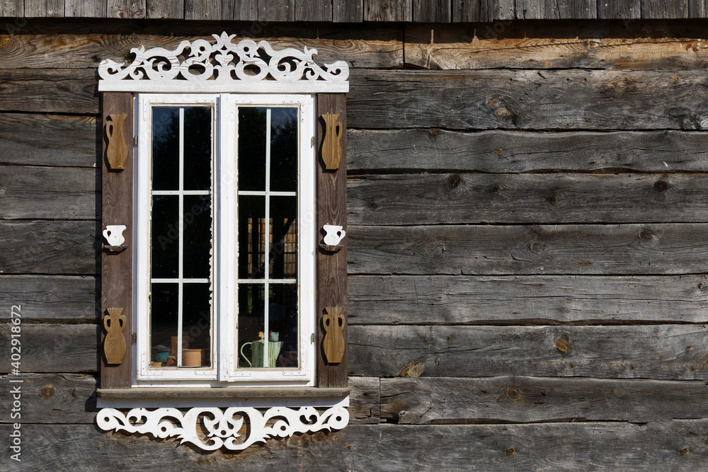 Wooden window background. Rustic cottage house wall. Vintage cabin ...