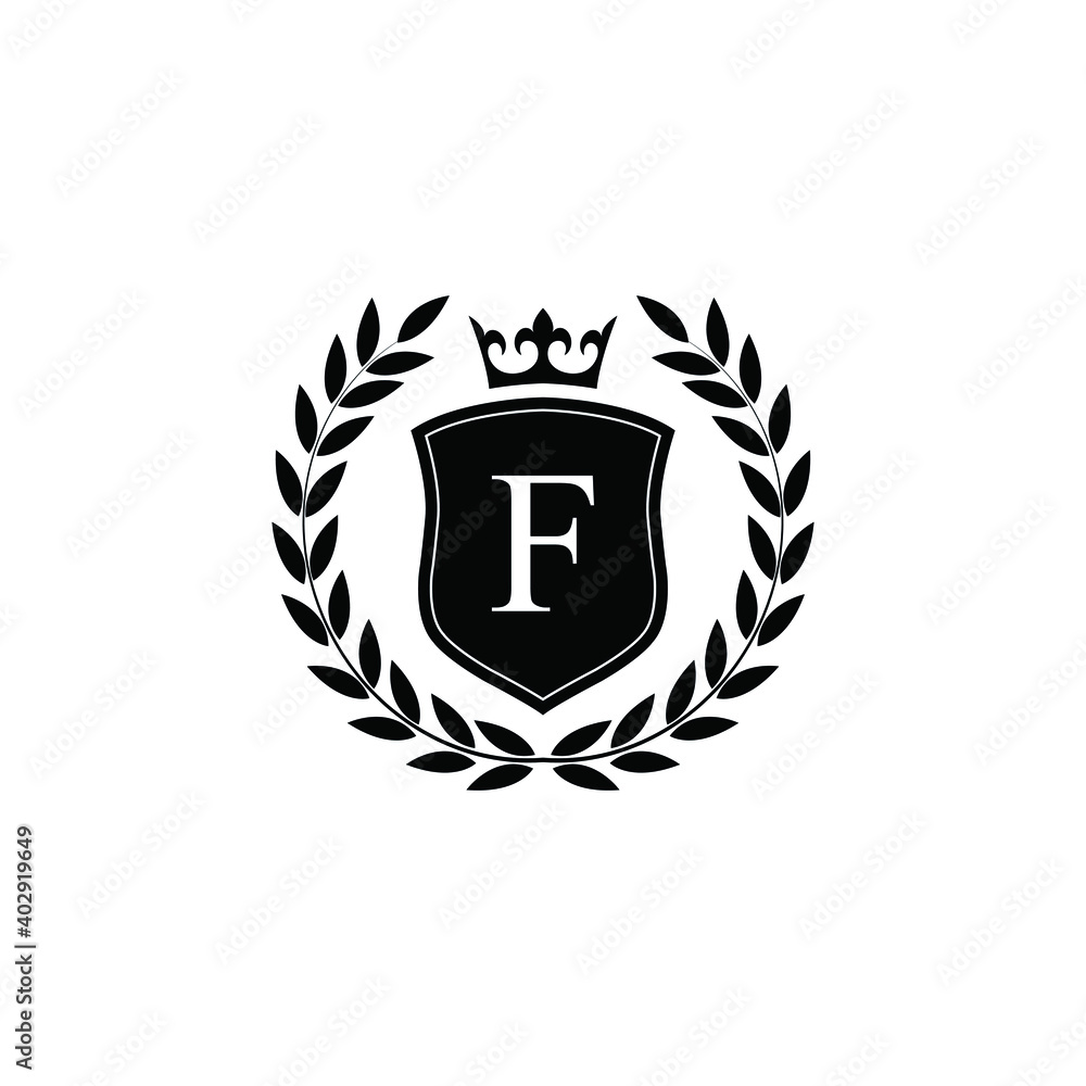 Letter F laurel wreath template logo Luxury shield letter with crown ...