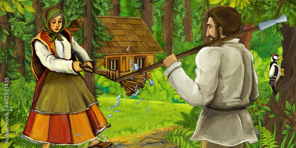 cartoon scene with farmer near the wooden farm in the forest ...