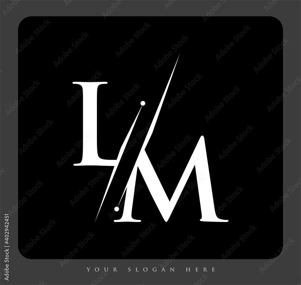 initial logo letter LM for company name black and white color and slash ...