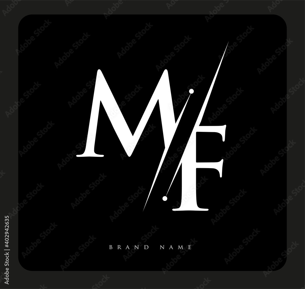 initial logo letter MF for company name black and white color and slash ...