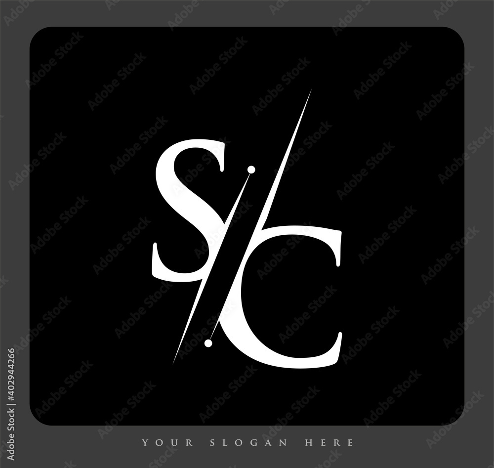 initial logo letter SC for company name black and white color and slash ...