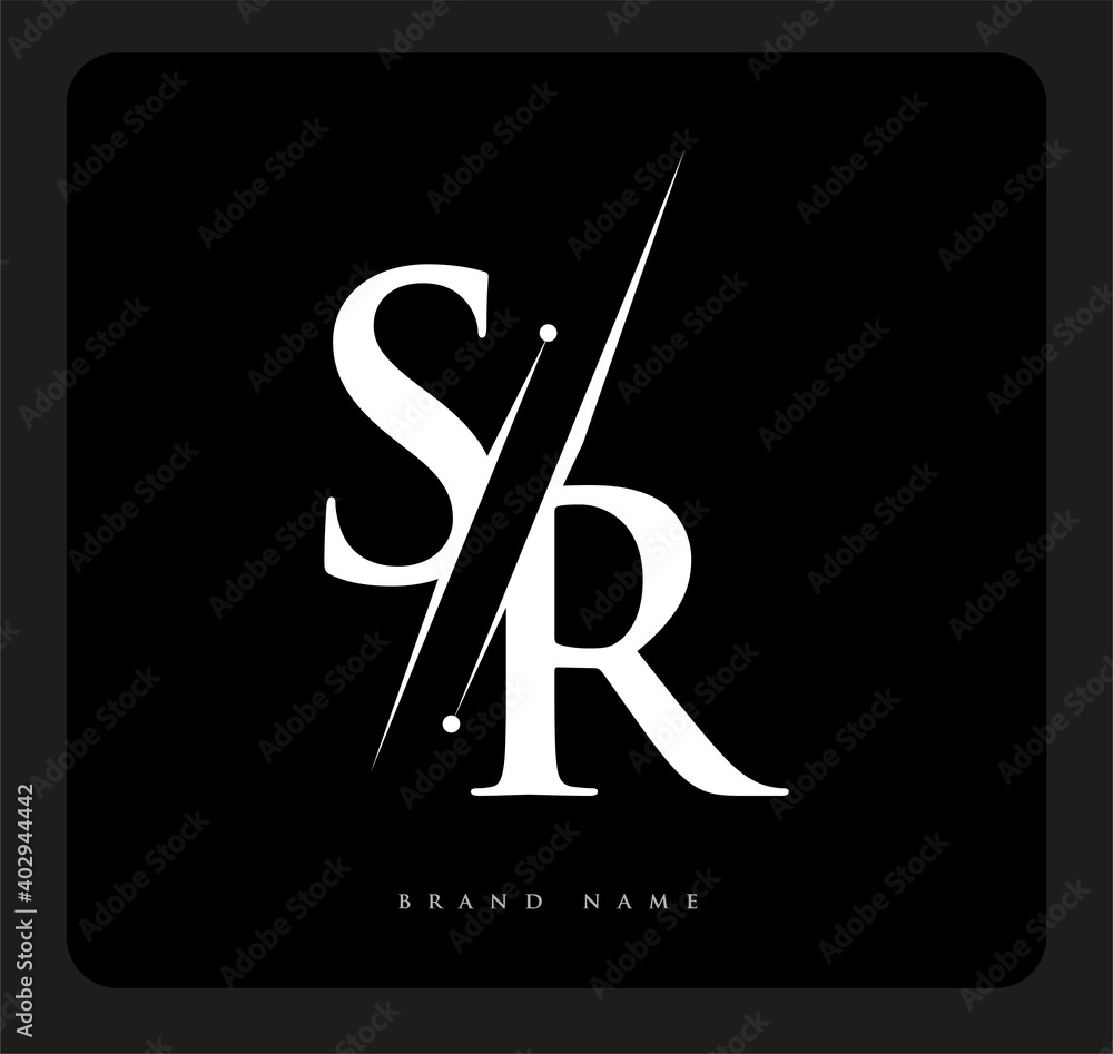 initial logo letter SR for company name black and white color and slash ...
