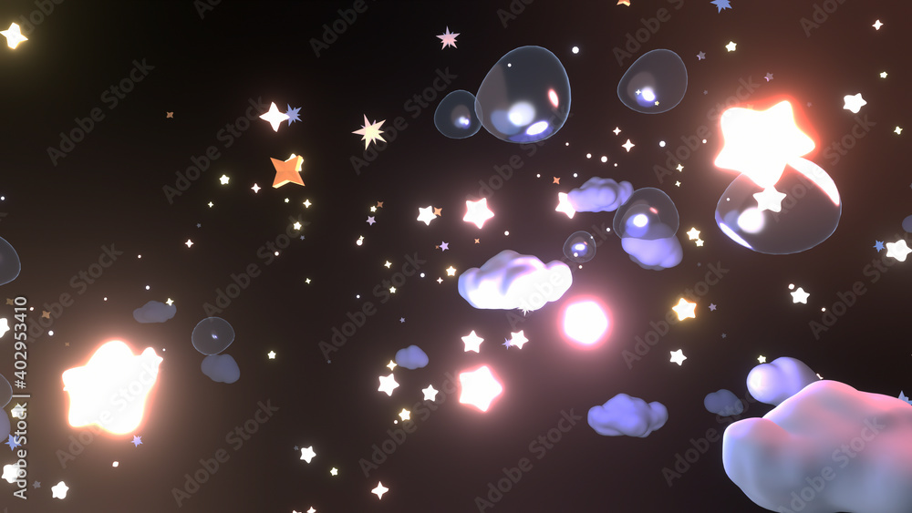 Cartoon glowing stars, white clouds, and bubbles in the sky at night ...