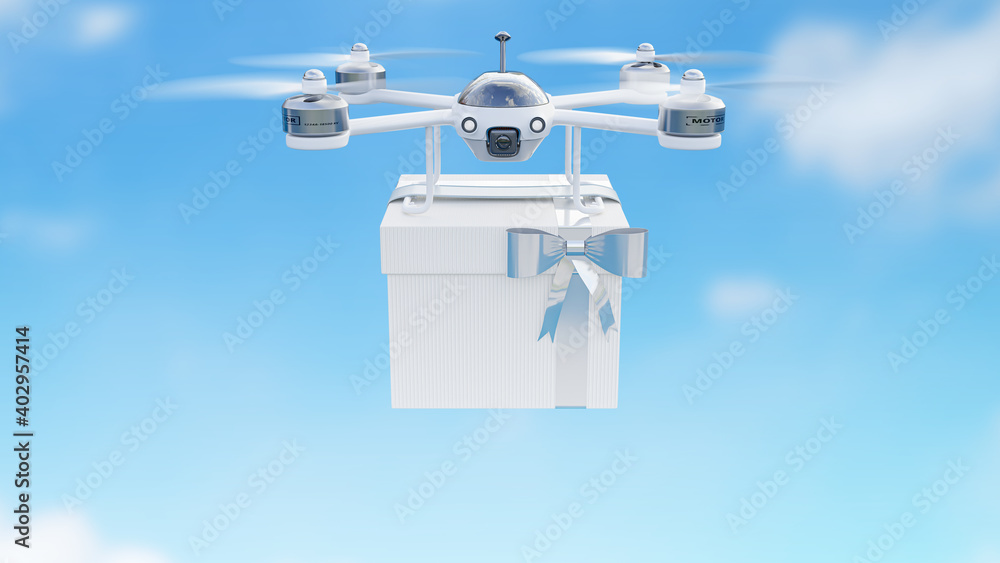 Drone on sky background delivering Gift box mock up. Autonomous ...
