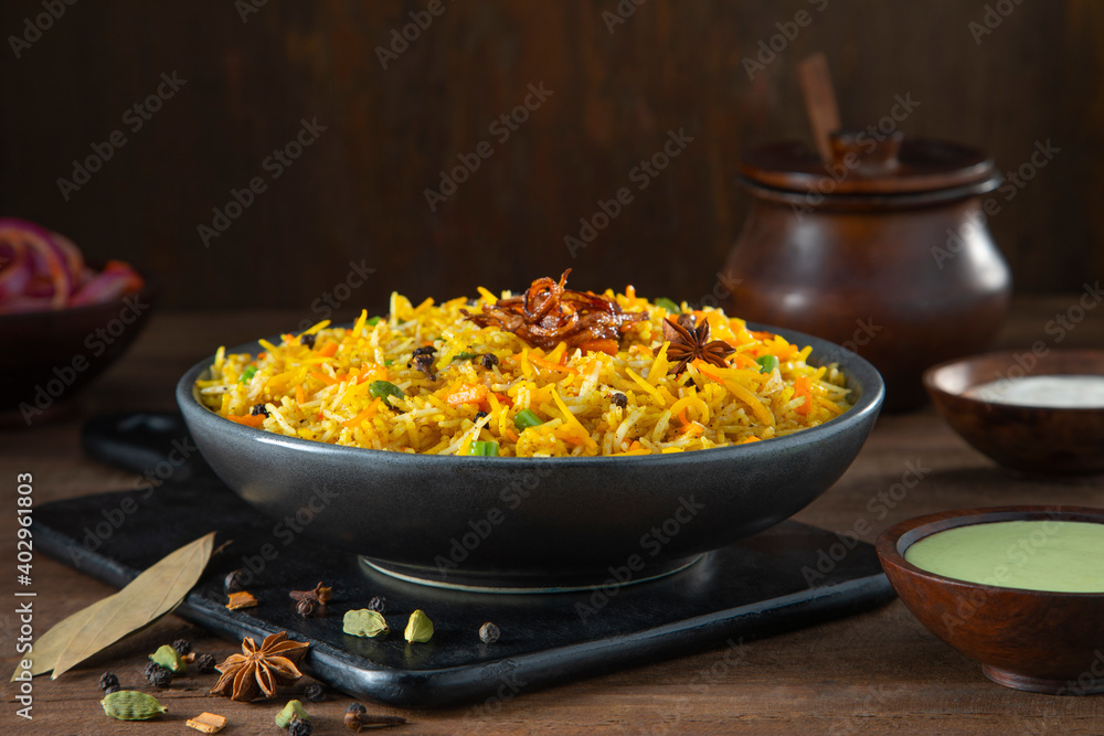 Pulao an Indian speciality, a dish made of rice with mint chutney Stock ...