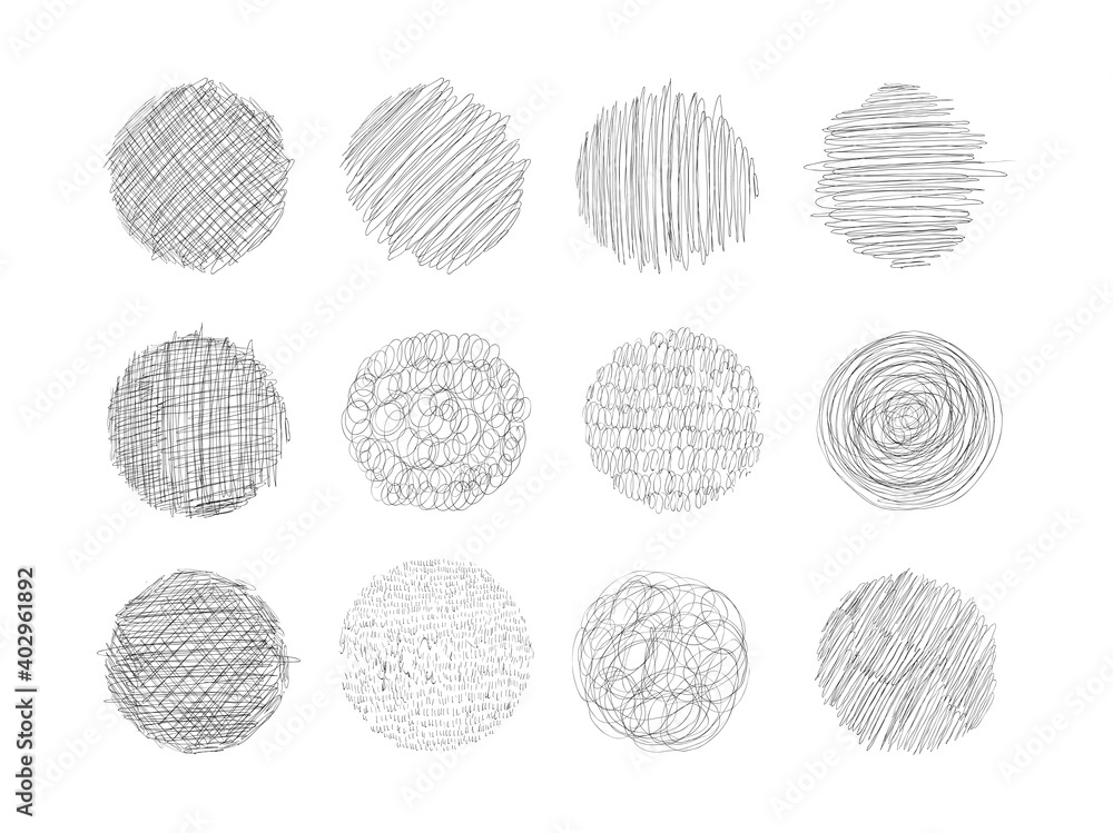 Set of grunge textures with pencil, pen. Circles with different shading ...