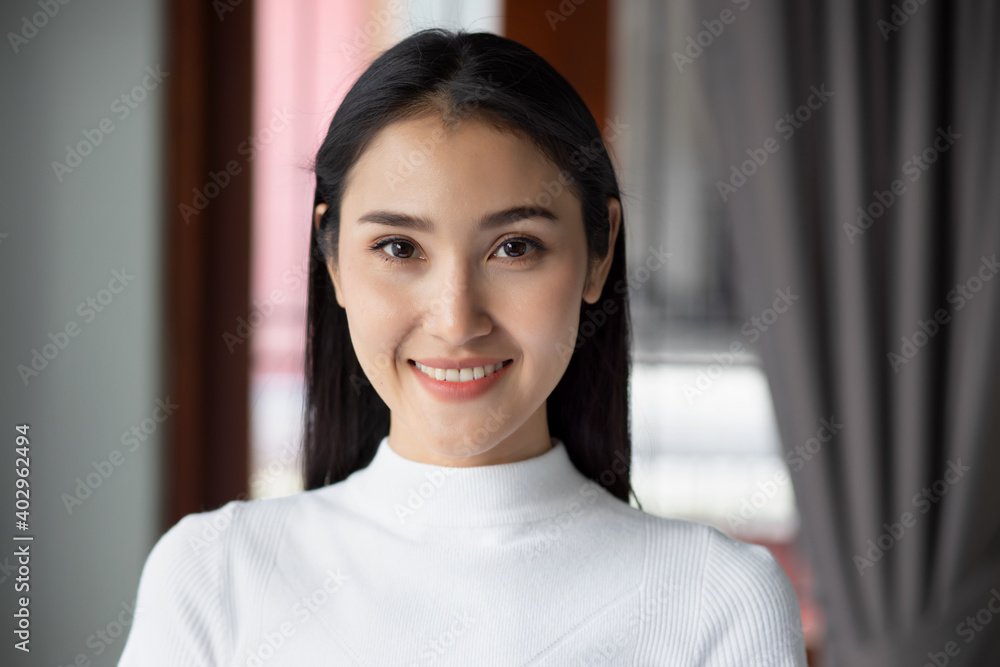 face portrait of happy smiling asian woman, portrait of positive ...