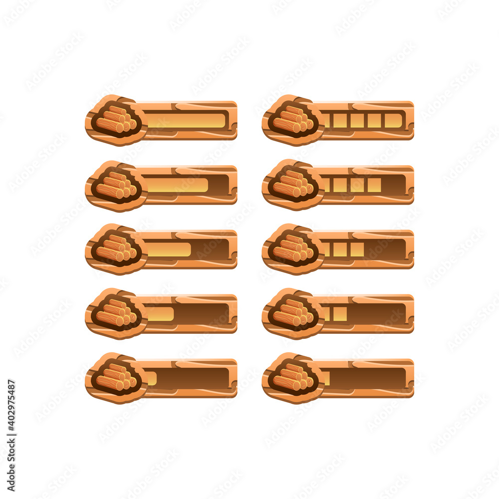 set of wooden game ui survival craft progress bar from low to full for gui asset elements vector ...