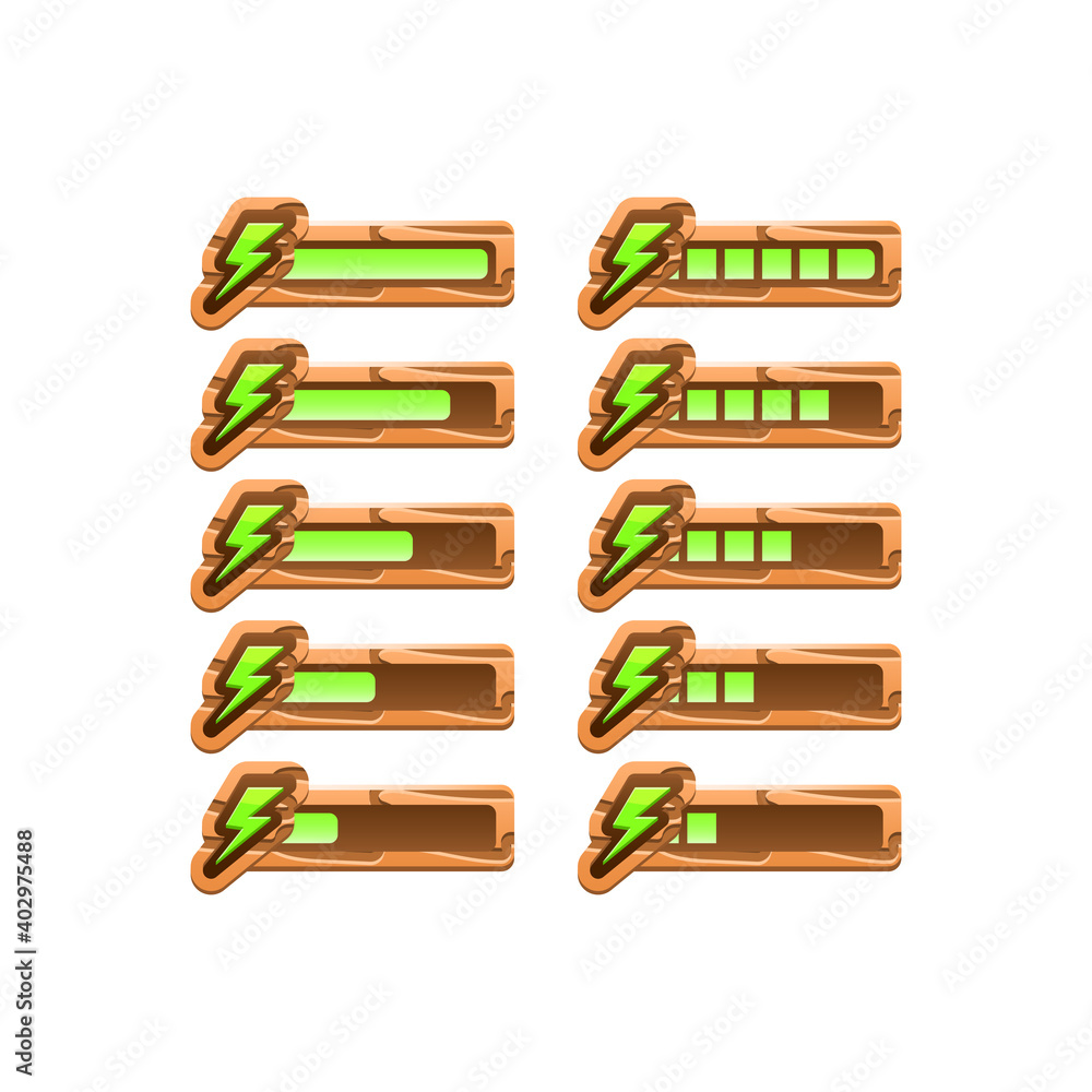 set of wooden game ui energy speed stamina progress bar from low to ...