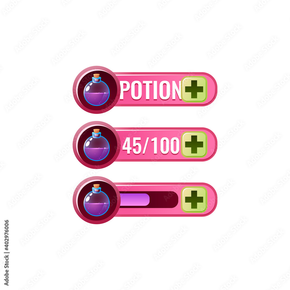 set of funny pink game ui potion magic mana bar with numeric and ...