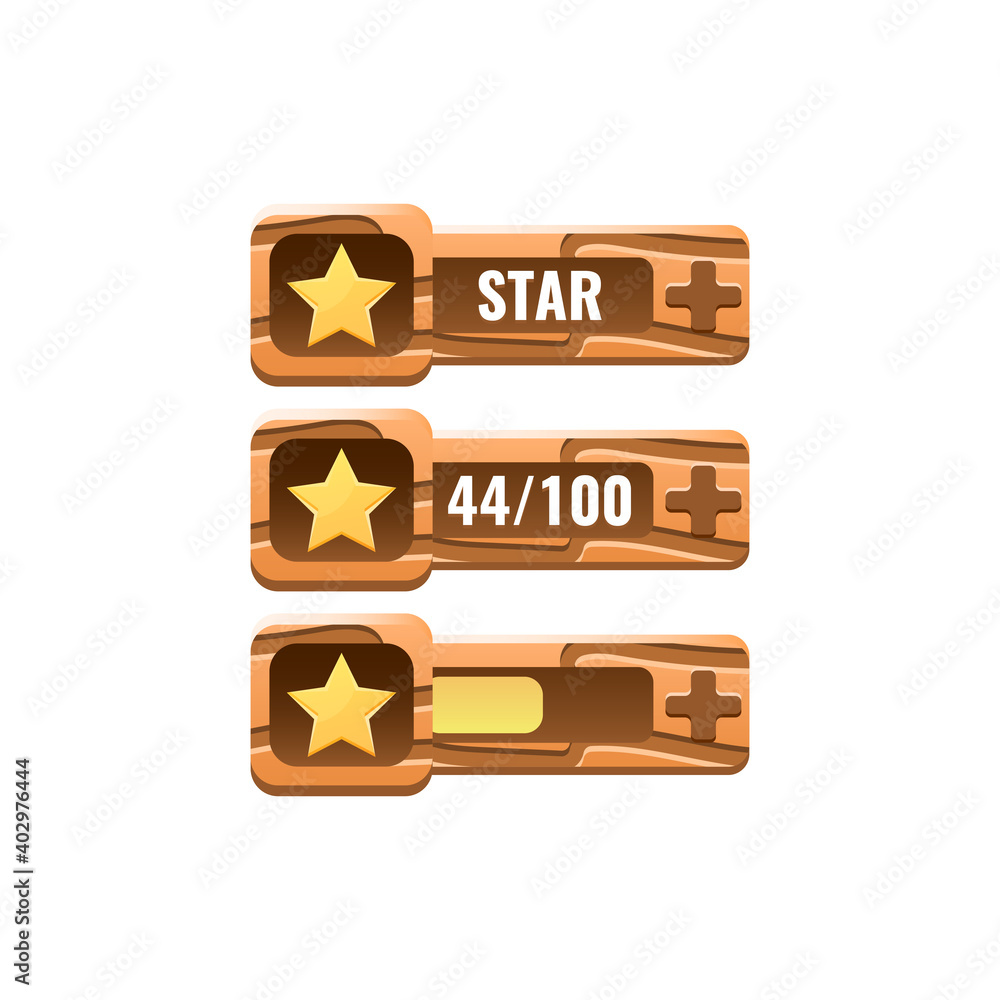 set of wooden game ui star bar with numeric and progress bar additional ...