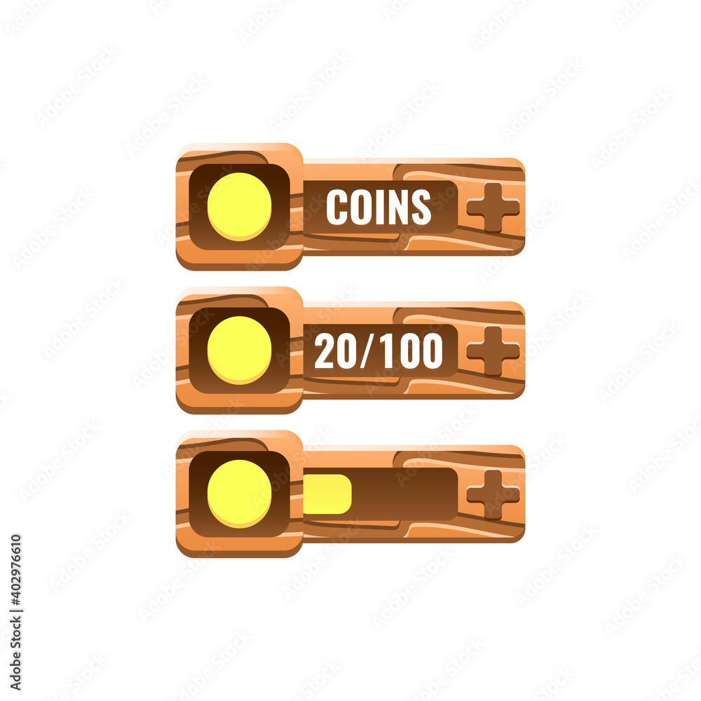 set of wooden game ui currencies coins bar with numeric and progress ... set of wooden game ui currencies coins bar with numeric and progress ...