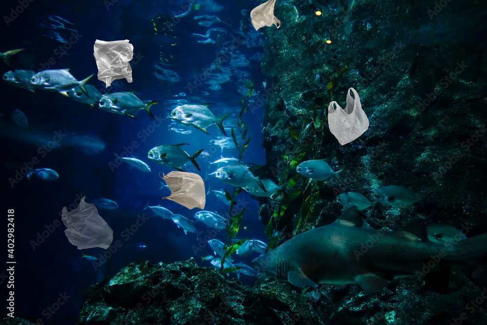 garbage bag in ocean full of plastic trash to illustrate marine ...