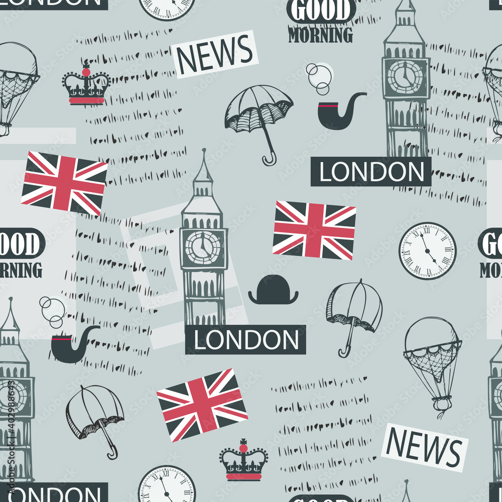 London newspaper seamless vector pattern. british background with big ...