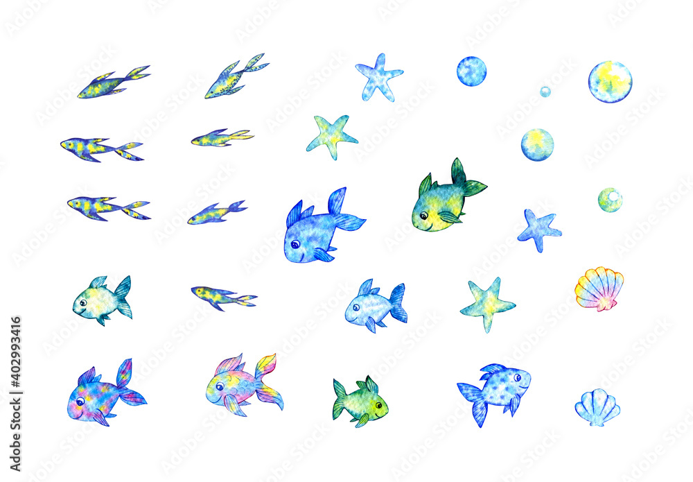 Watercolor set Fish and marine fauna in rainbow color isolated on a ...