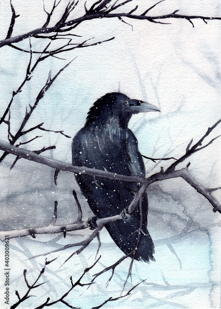 Watercolor illustration of a raven sitting on a tree branch under ...