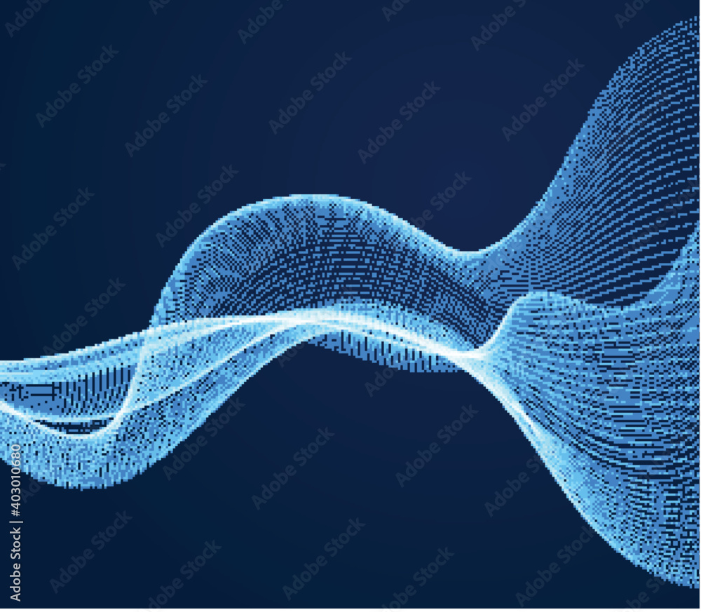 Flowing particles wave over dark background, dynamic sound motion curve lines. 3d vector ...