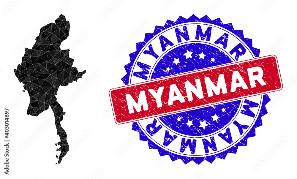 Myanmar map polygonal mesh with filled triangles, and rough bicolor ...
