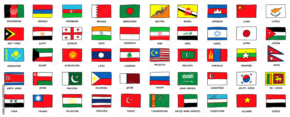 Asian hand drawn flags sketch style. Doodle Vector illustration Stock ...