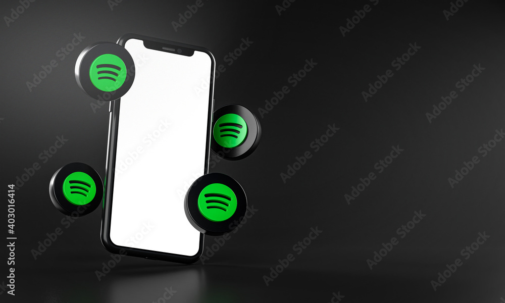 Spotify Icons Around Smartphone App Mockup 3D Stock Illustration ...