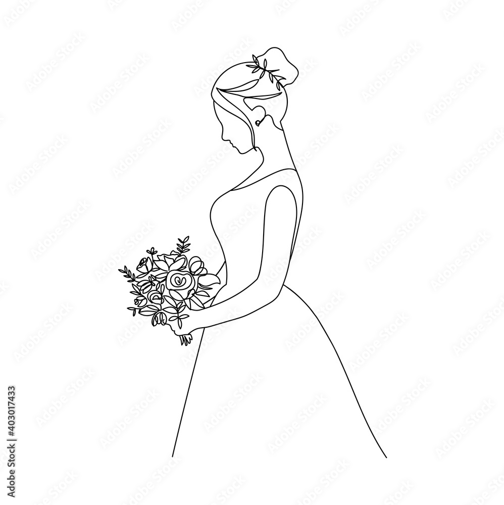 Beautiful bride holding a bouquet in continuous line drawing style. One ...