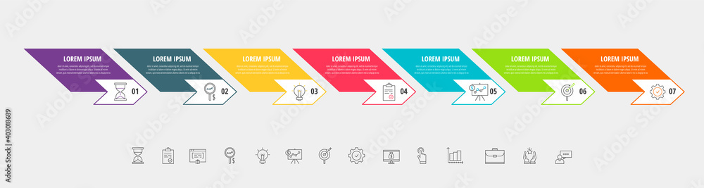 Vector infographic with 7 step, arrow, numeral, icons. Timeline used ...