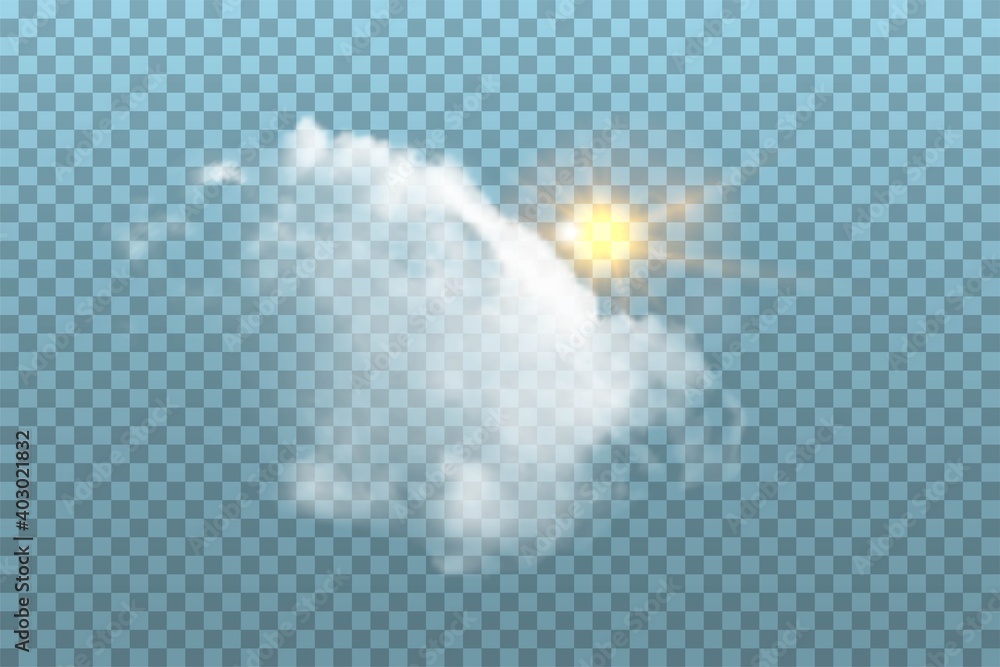 Cloud with sun in sky on blue transparent background. Realistic fluffy ...