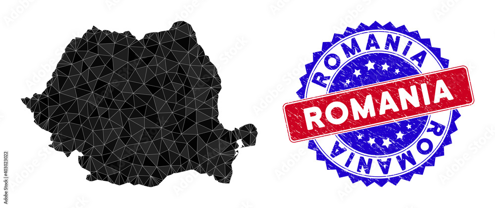Romania map polygonal mesh with filled triangles, and grunge bicolor ...