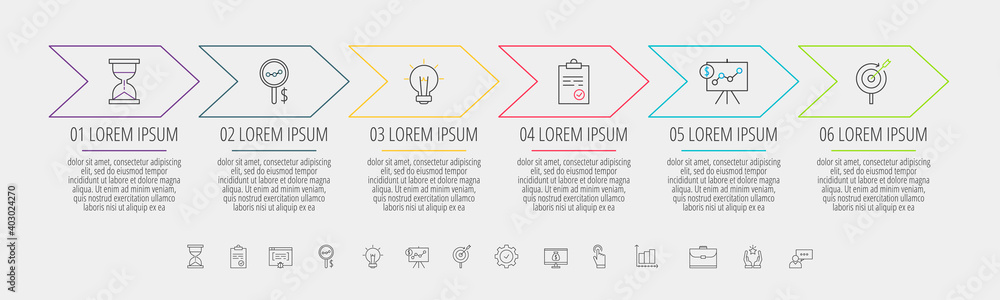 Arrows vector line infographic with 6 steps, icons. Timeline used for ...