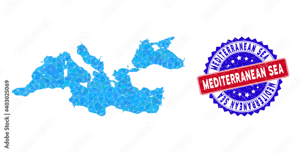 Mediterranean Sea map polygonal mesh with filled triangles, and grunge ...