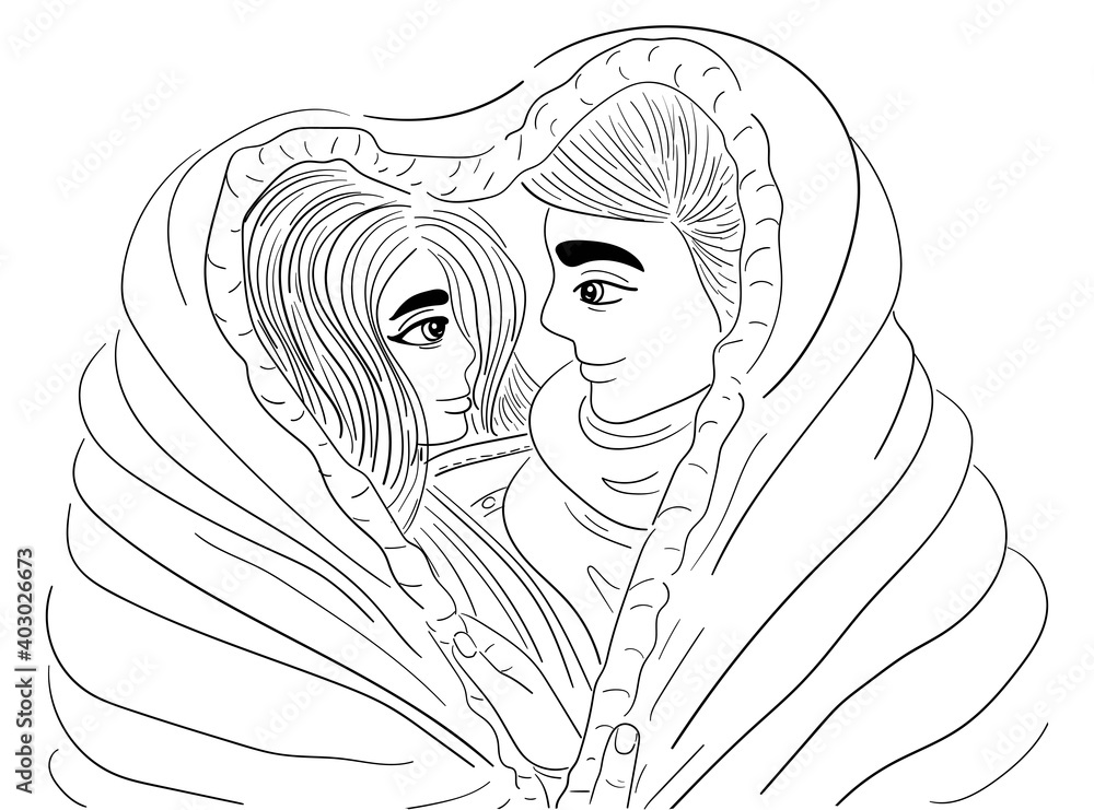 Couple in love hugging under one blanket, black outline drawing ...