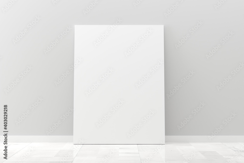 Empty picture frame canvas mock-up leaning against white wall in room ...