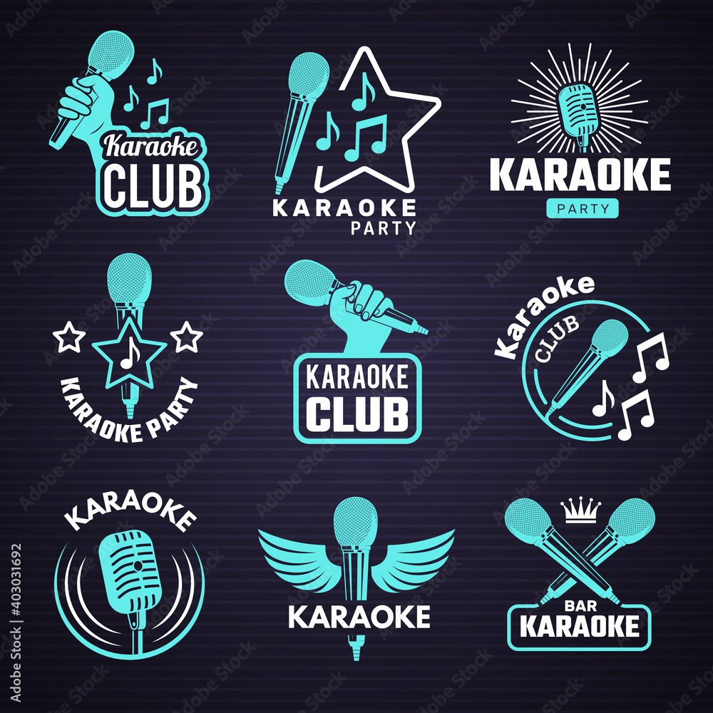 Karaoke badges. Emblem for music studio microphone radio vinyl symbols ...