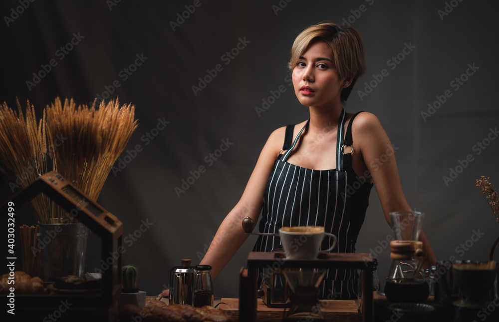 Asian barista girl making coffee, fresh coffee pouring filter drip tool ...
