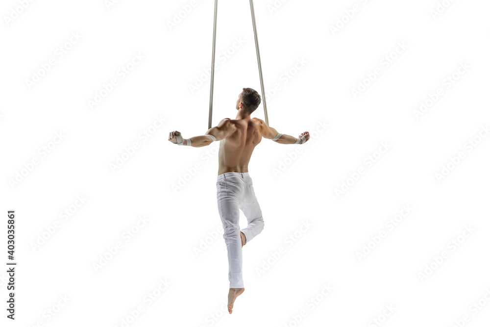 Doll. Young male acrobat, circus athlete isolated on white studio ...