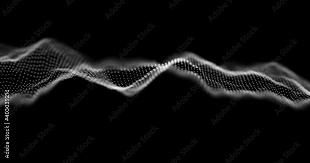 Wave of white particles. Abstract technology flow background. Sound ...