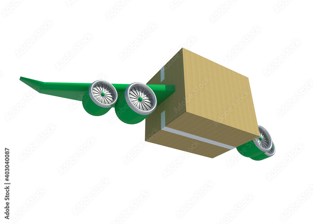 3D Illustration Box with Aircraft wing and Jet engine for fast delivery ...