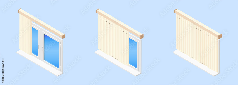 Isometric vector illustration realistic window blinds in open and ...