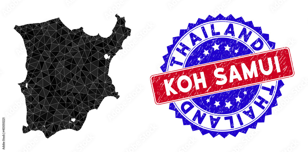 Koh Samui map polygonal mesh with filled triangles, and scratched ...